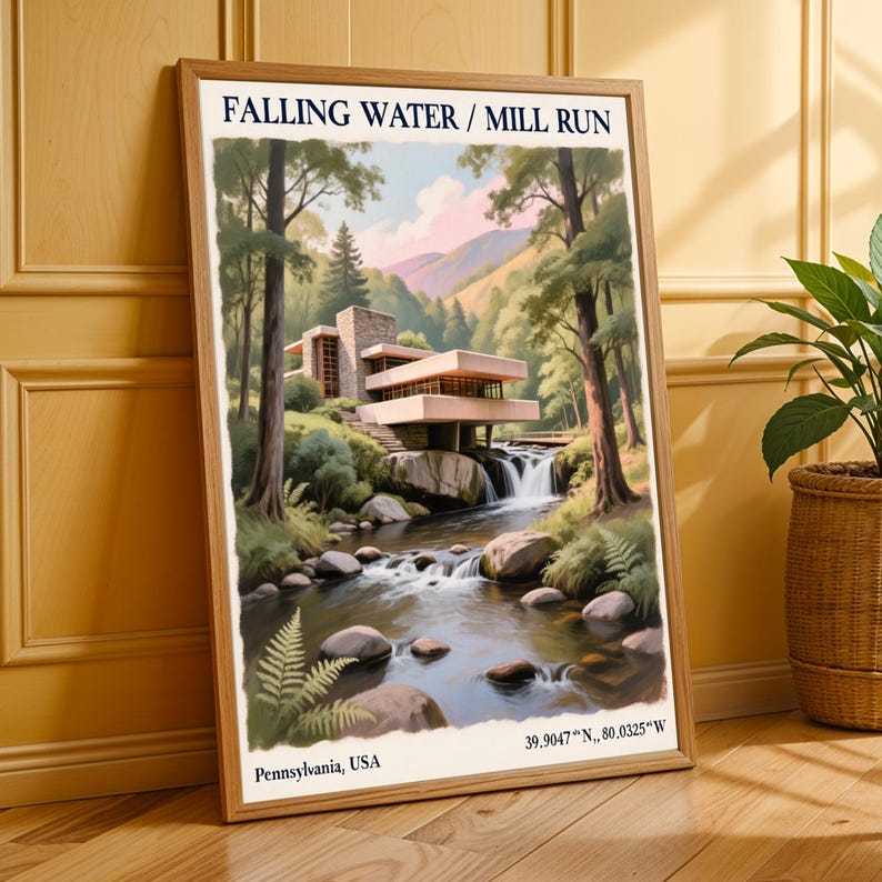Falling Water Art Print – Modernist House by Stream, Beige Tones, Mixed ...