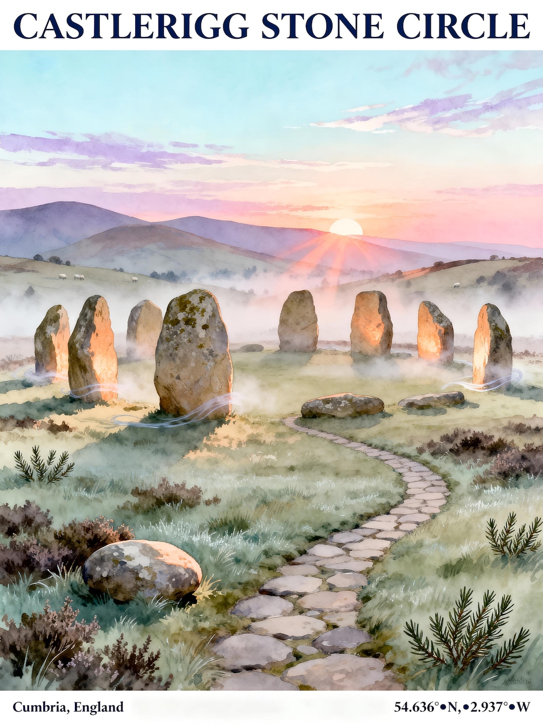 Castlerigg Stone Circle Art Print – Watercolor Style, Sunrise Hues ...