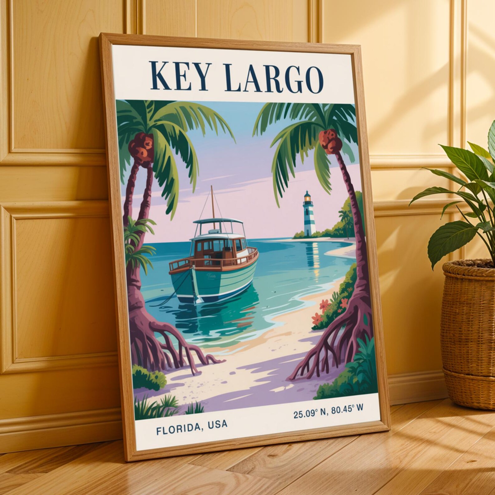 Key Largo Art Print – Cozy Coastal Boat, Palm Trees, Lighthouse, Mixed ...