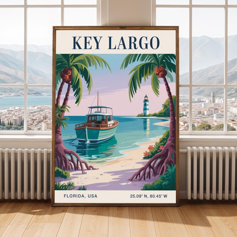 Key Largo Art Print – Cozy Coastal Boat, Palm Trees, Lighthouse, Mixed ...