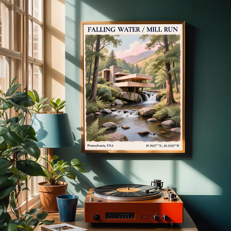 Falling Water Art Print – Modernist House by Stream, Beige Tones, Mixed ...
