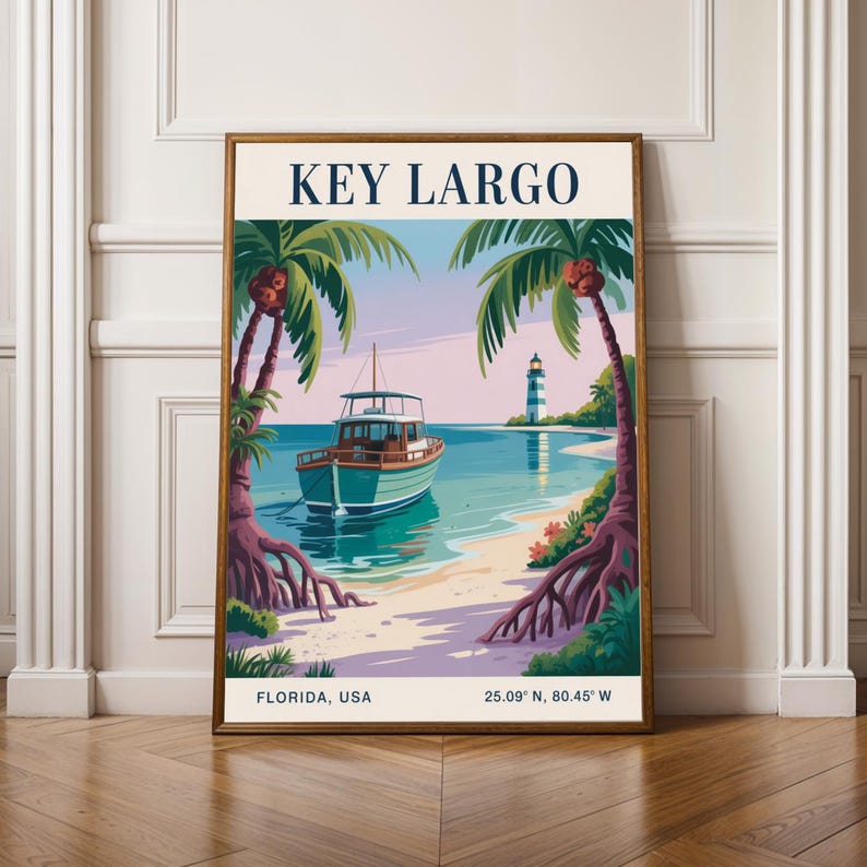 Key Largo Art Print – Cozy Coastal Boat, Palm Trees, Lighthouse, Mixed ...