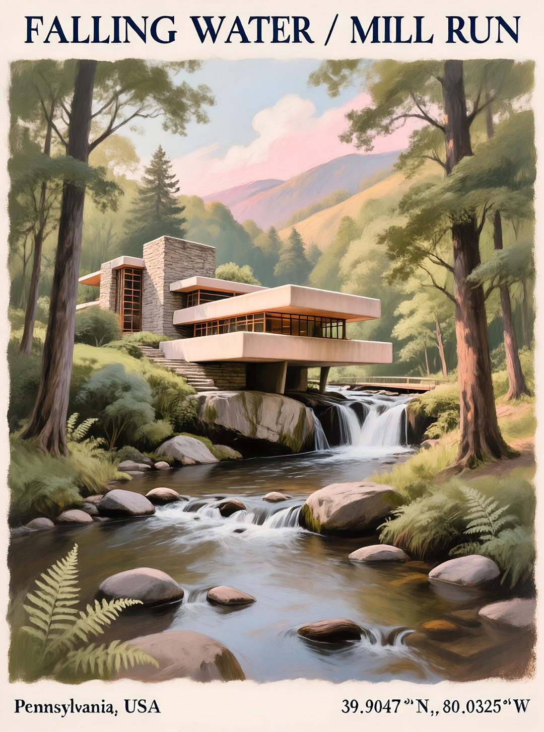 Falling Water Art Print – Modernist House by Stream, Beige Tones, Mixed ...