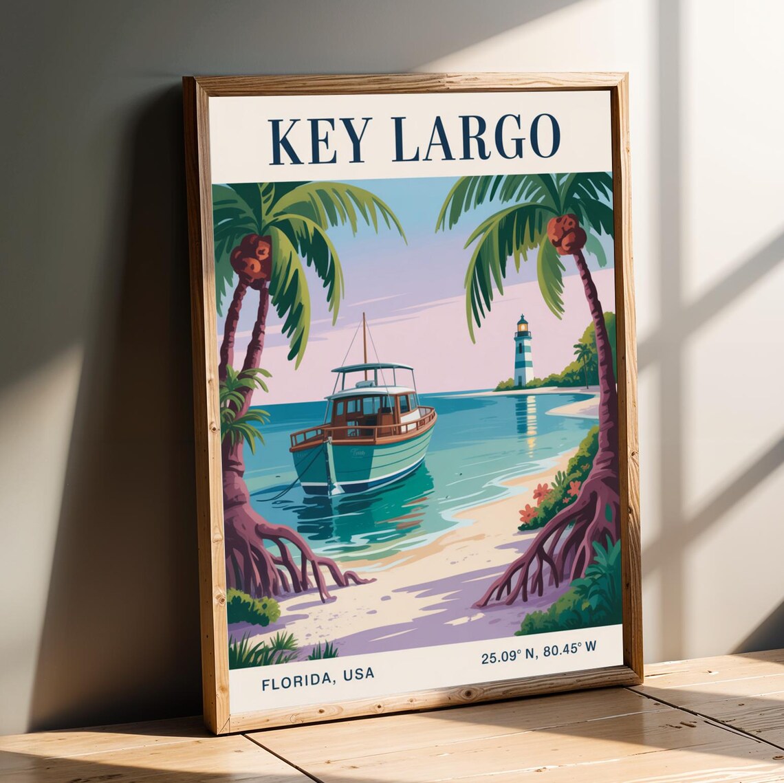 Key Largo Art Print – Cozy Coastal Boat, Palm Trees, Lighthouse, Mixed ...