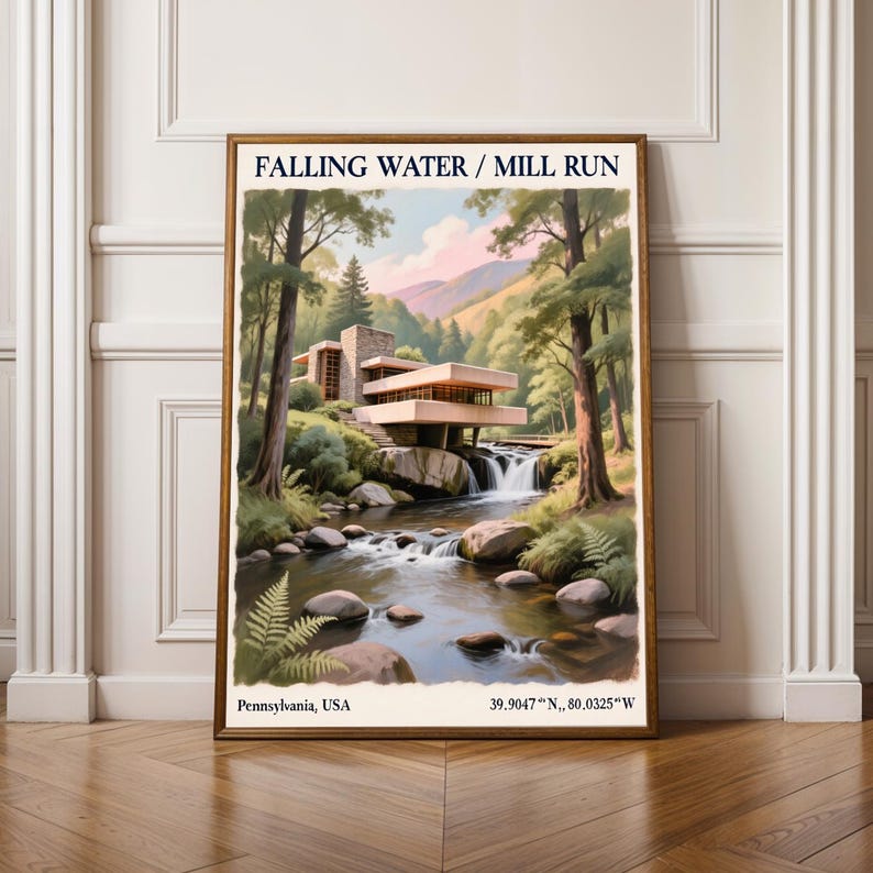 Falling Water Art Print – Modernist House by Stream, Beige Tones, Mixed ...