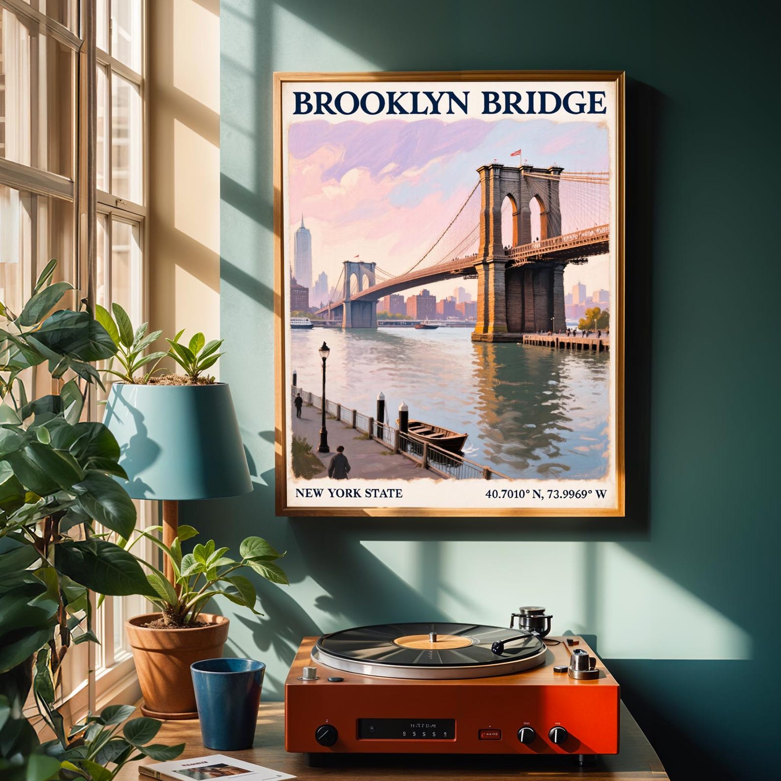 Brooklyn Bridge Art Print — Airbrush Sunset, Warm Pink Peach Lavender ...