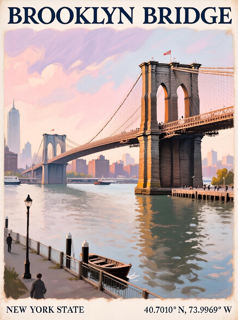 Brooklyn Bridge Art Print — Airbrush Sunset, Warm Pink Peach Lavender ...