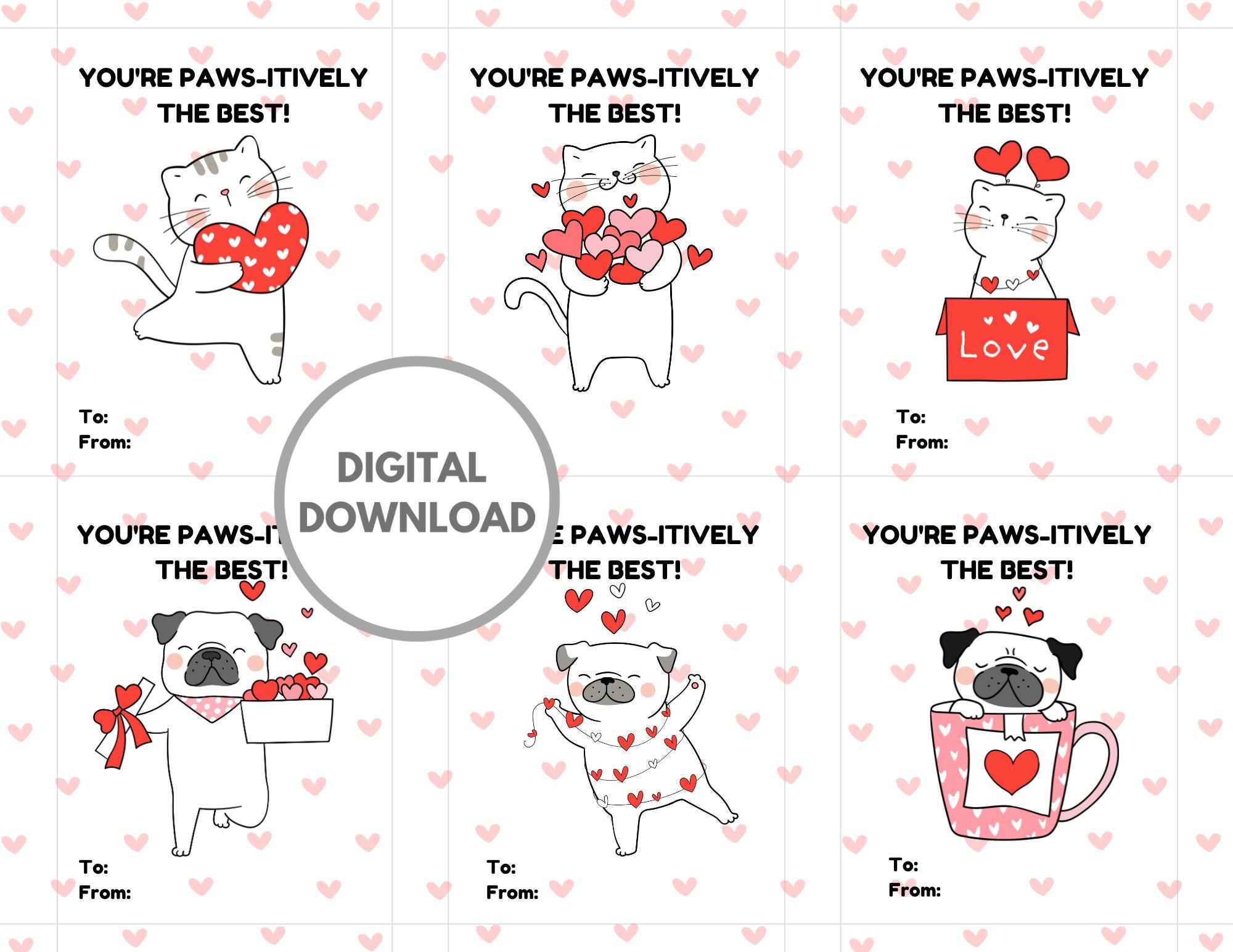 Valentine's Day Printable Cards With Cats and Dogs: "you're Paws ...