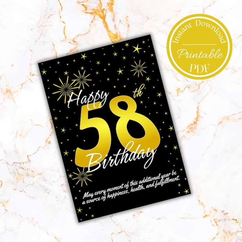 Happy 58th Birthday Card Black and Gold With Message. - Etsy