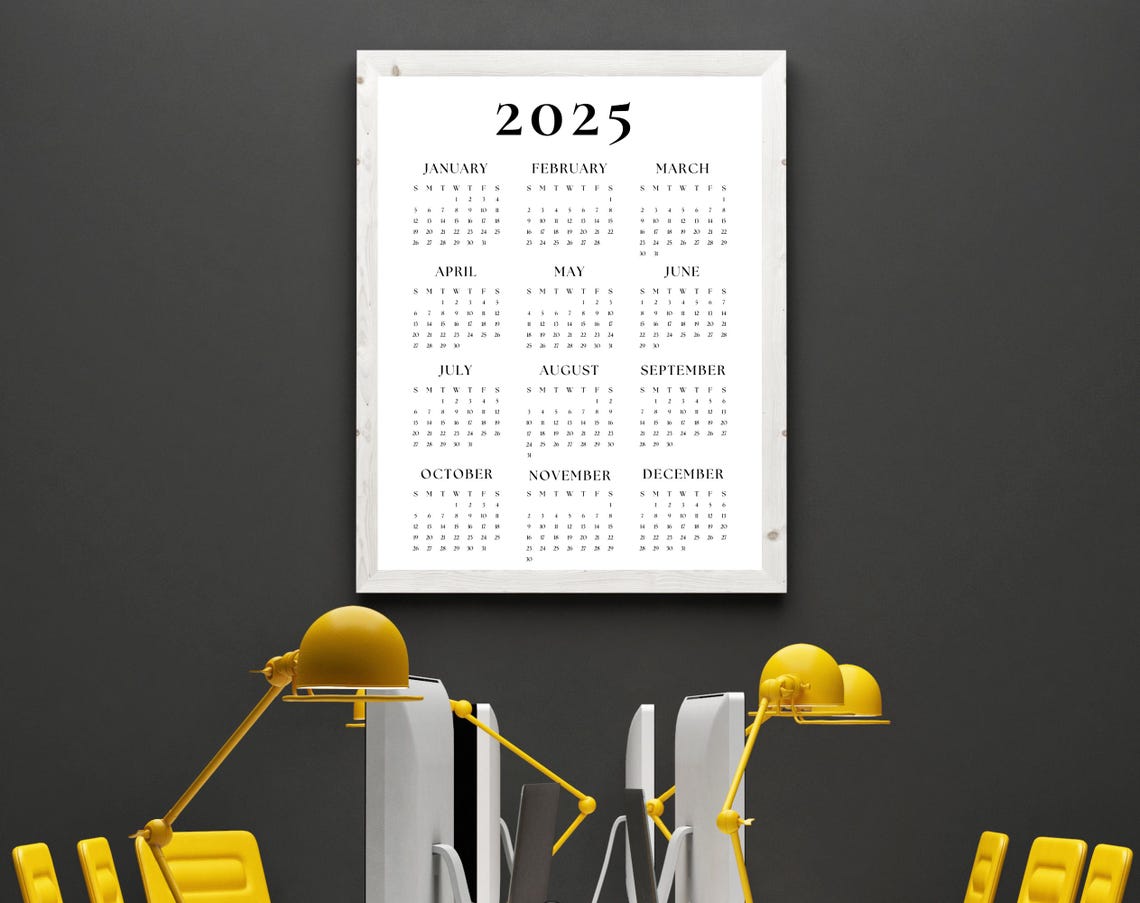 2025 Calendar - Full Year Calendar Poster - Single Page - Yearly Wall ...