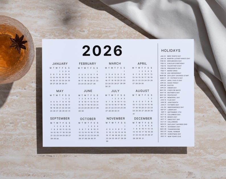 2026 Calendar With Holidays | Single Page | Full Year Calendar | Desk ...