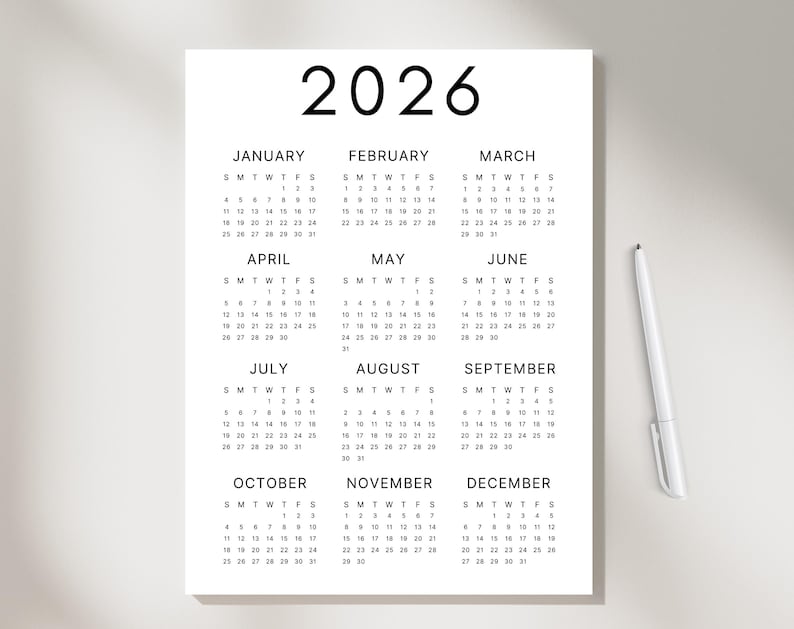 2026 Calendar | Single Page | Monday & Sunday Start | Full Year ...