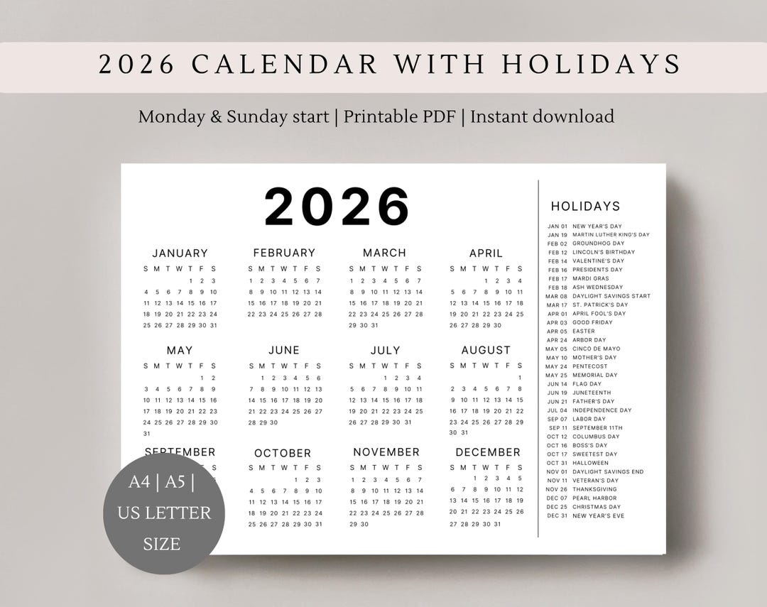 2026 Calendar With Holidays | Single Page | Full Year Calendar | Desk ...