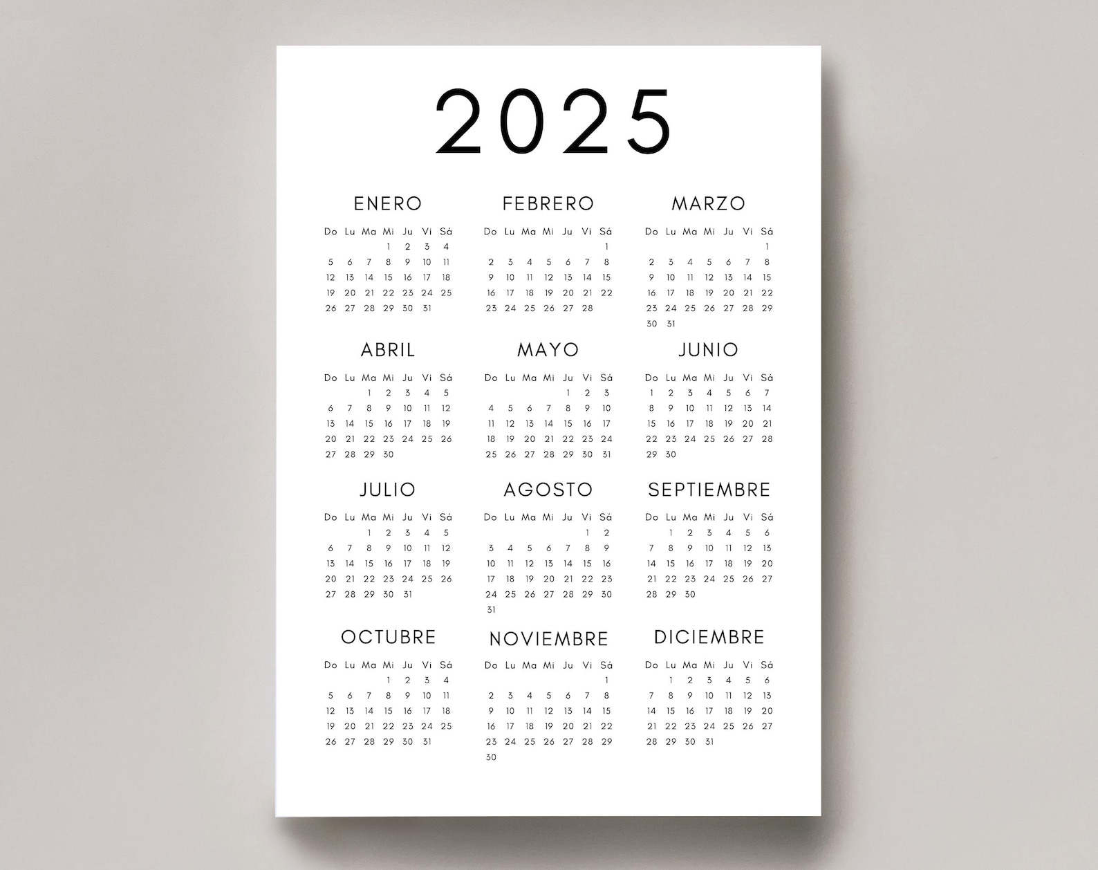 Calendario 2025 Español | 2025 Spanish Calendar | Single Page | Yearly ...