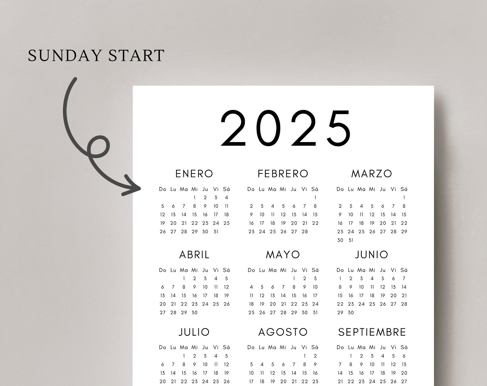 Calendario 2025 Español | 2025 Spanish Calendar | Single Page | Yearly ...