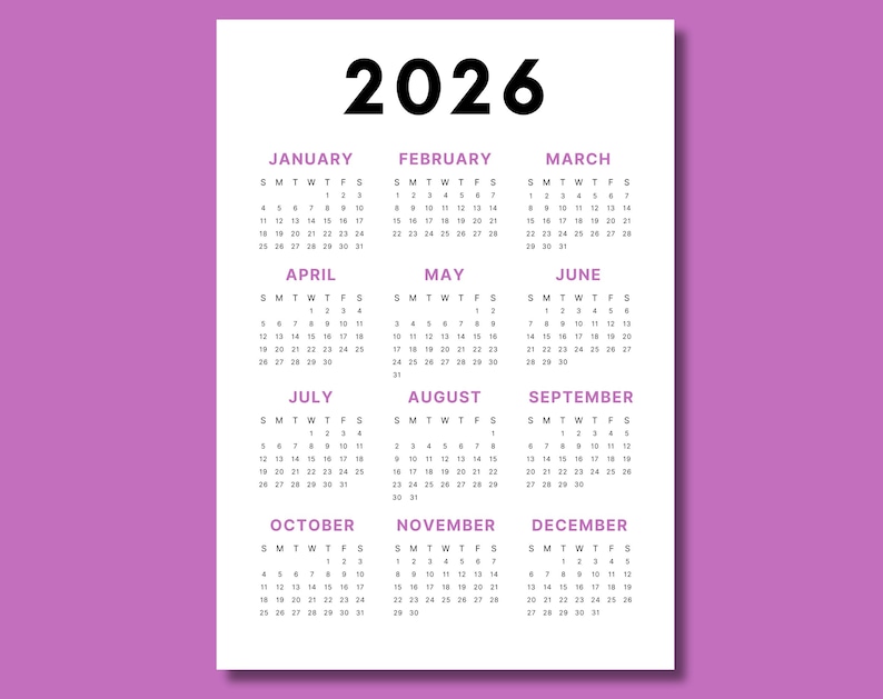 2026 Calendar | Single Page | Full Year Calendar | Desk Calendar | Wall ...