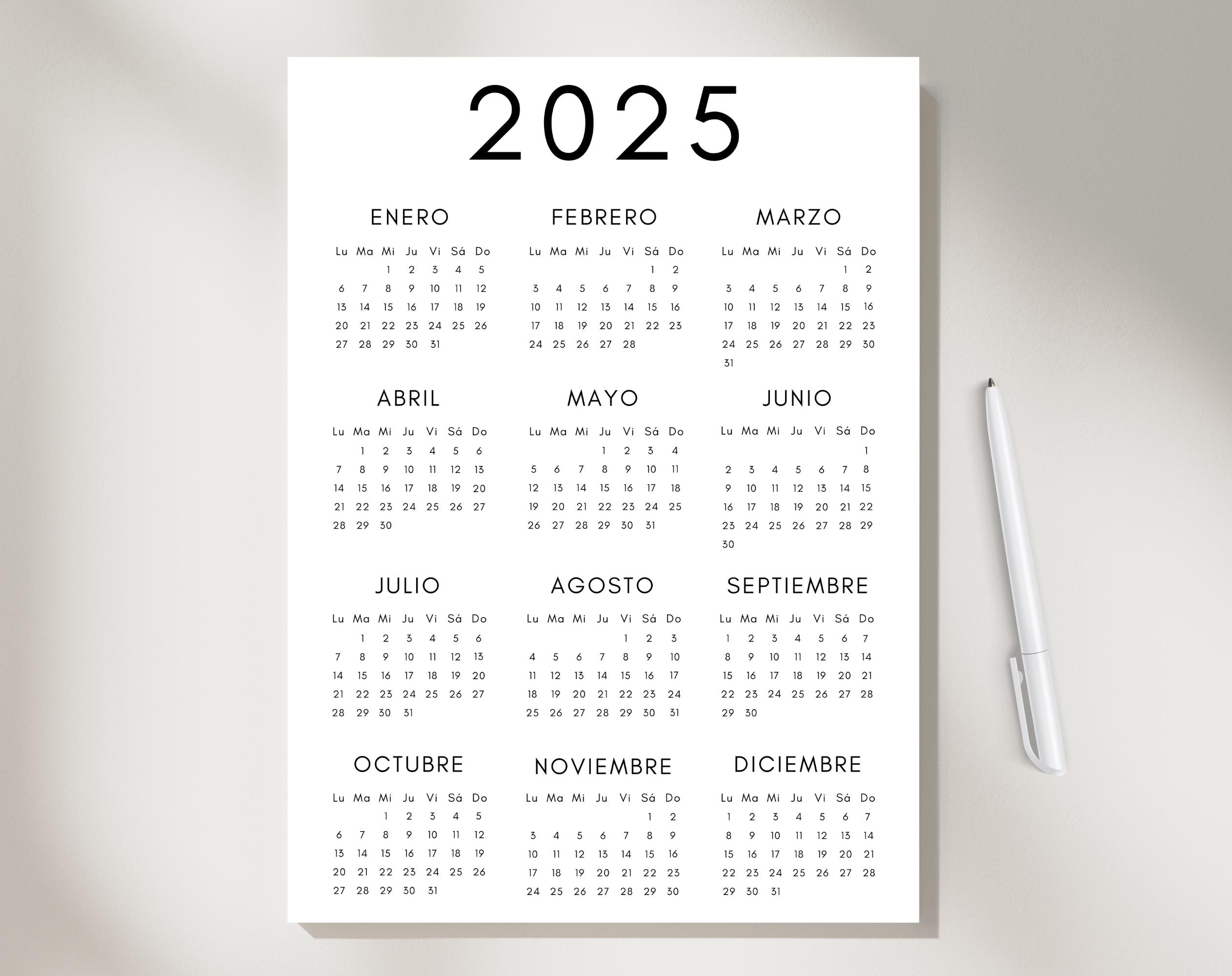 Calendario 2025 Español | 2025 Spanish Calendar | Single Page | Yearly ...