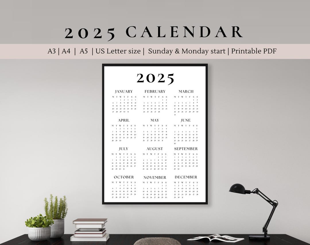 2025 Calendar - Full Year Calendar Poster - Single Page - Yearly Wall ...