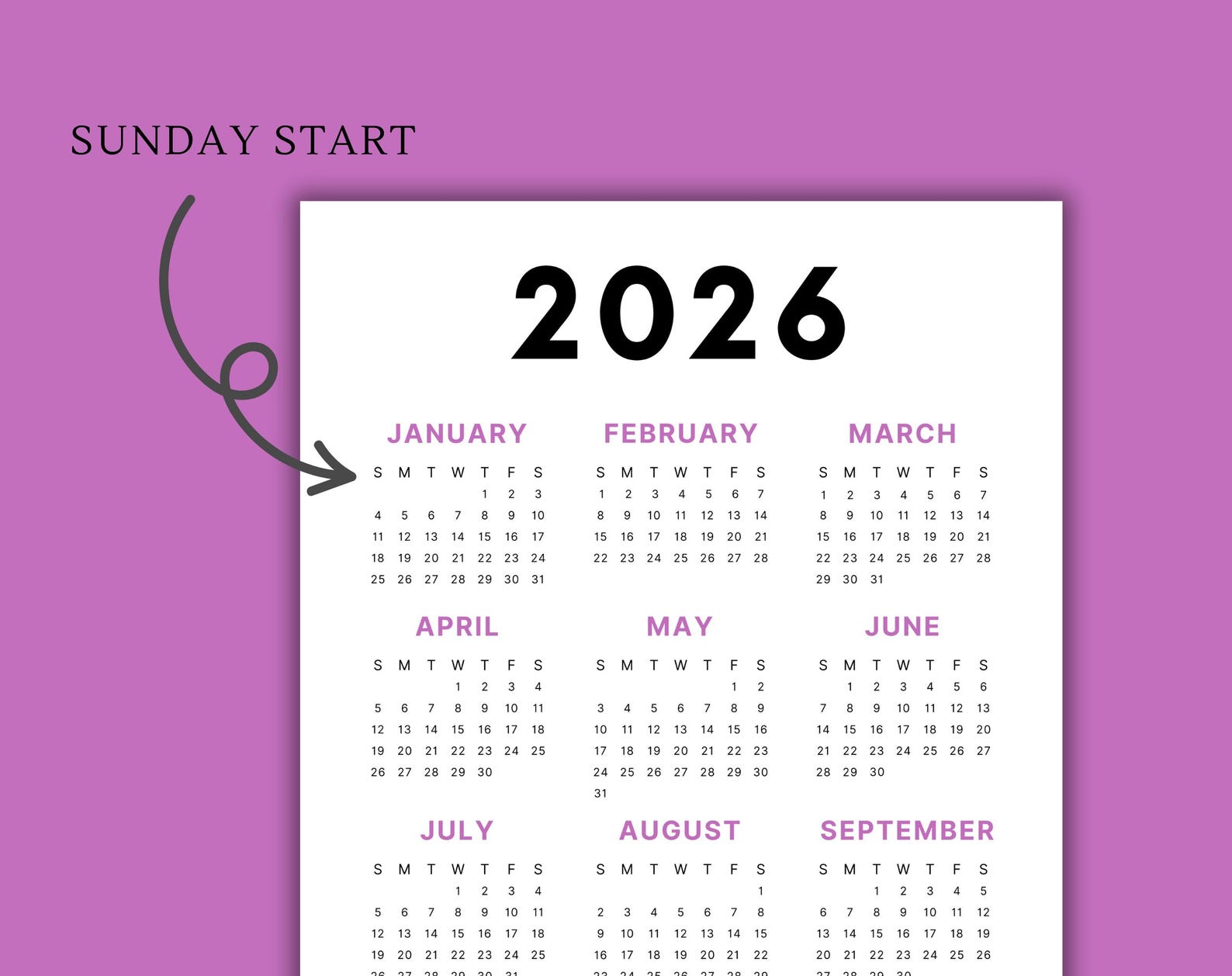 2026 Calendar | Single Page | Full Year Calendar | Desk Calendar | Wall ...
