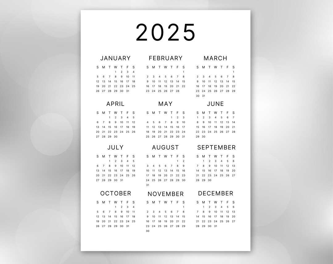 2025 Year at a Glance Calendar - Single Page - Monday & Sunday Start ...