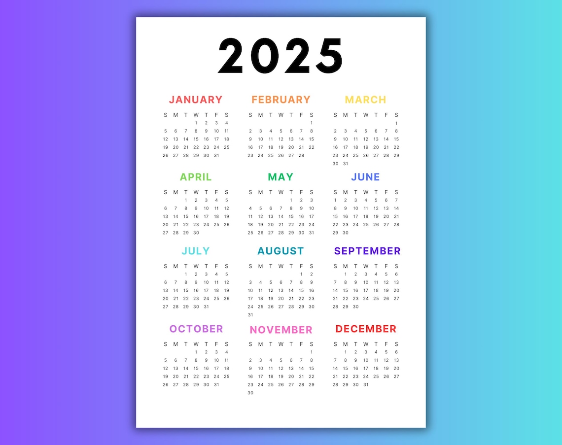 Calendrier 2025 Une seule page Calendrier annuel Calendrier de bureau ...