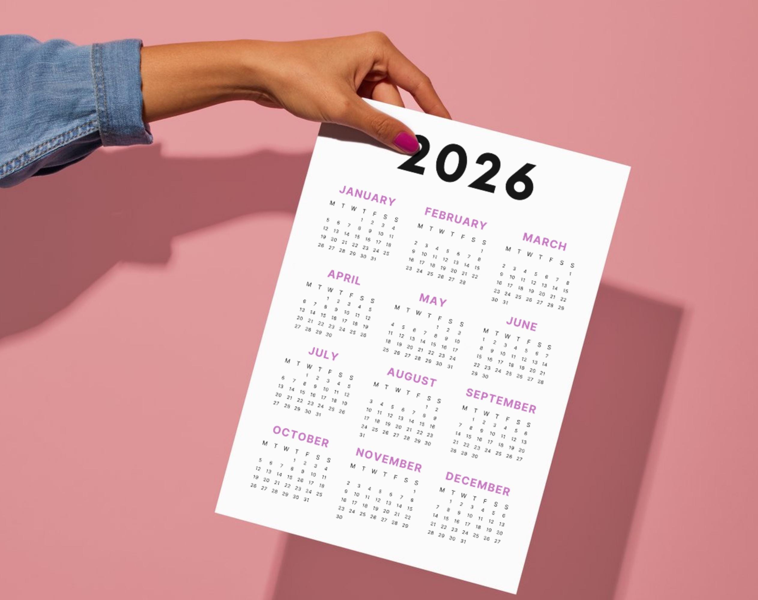 2026 Calendar | Single Page | Full Year Calendar | Desk Calendar | Wall ...