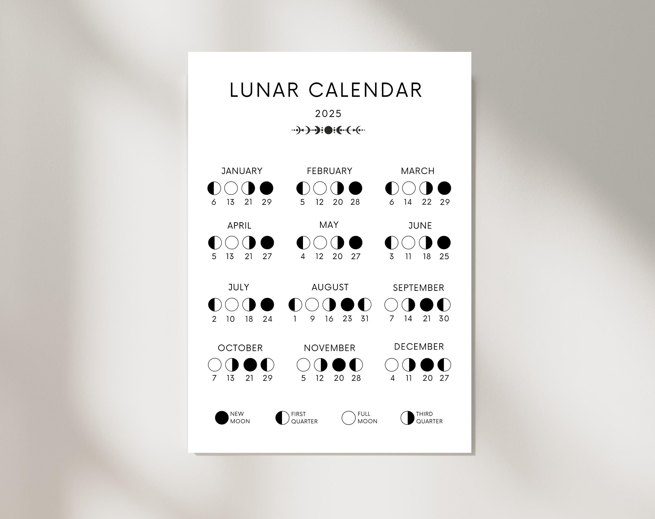 Lunar Calendar 2025 | Moon Calendar | Lunar Phase Calendar | Printable ...