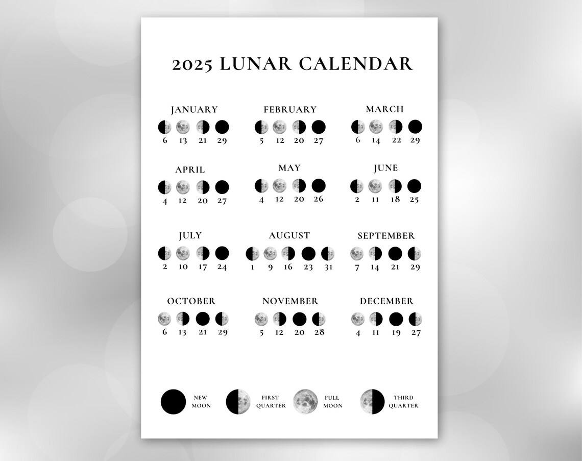 Lunar Calendar 2025 | Moon Calendar | Moon Phase Calendar | Printable ...