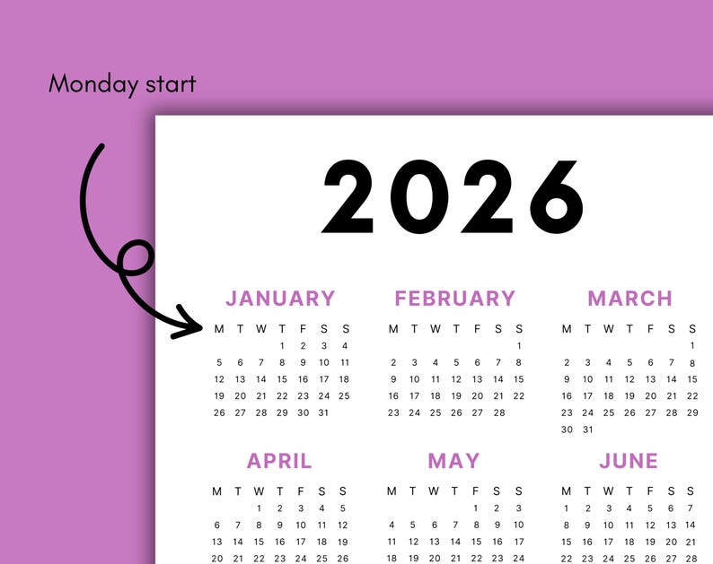 2026 Calendar | Single Page | Full Year Calendar | Desk Calendar | Wall ...