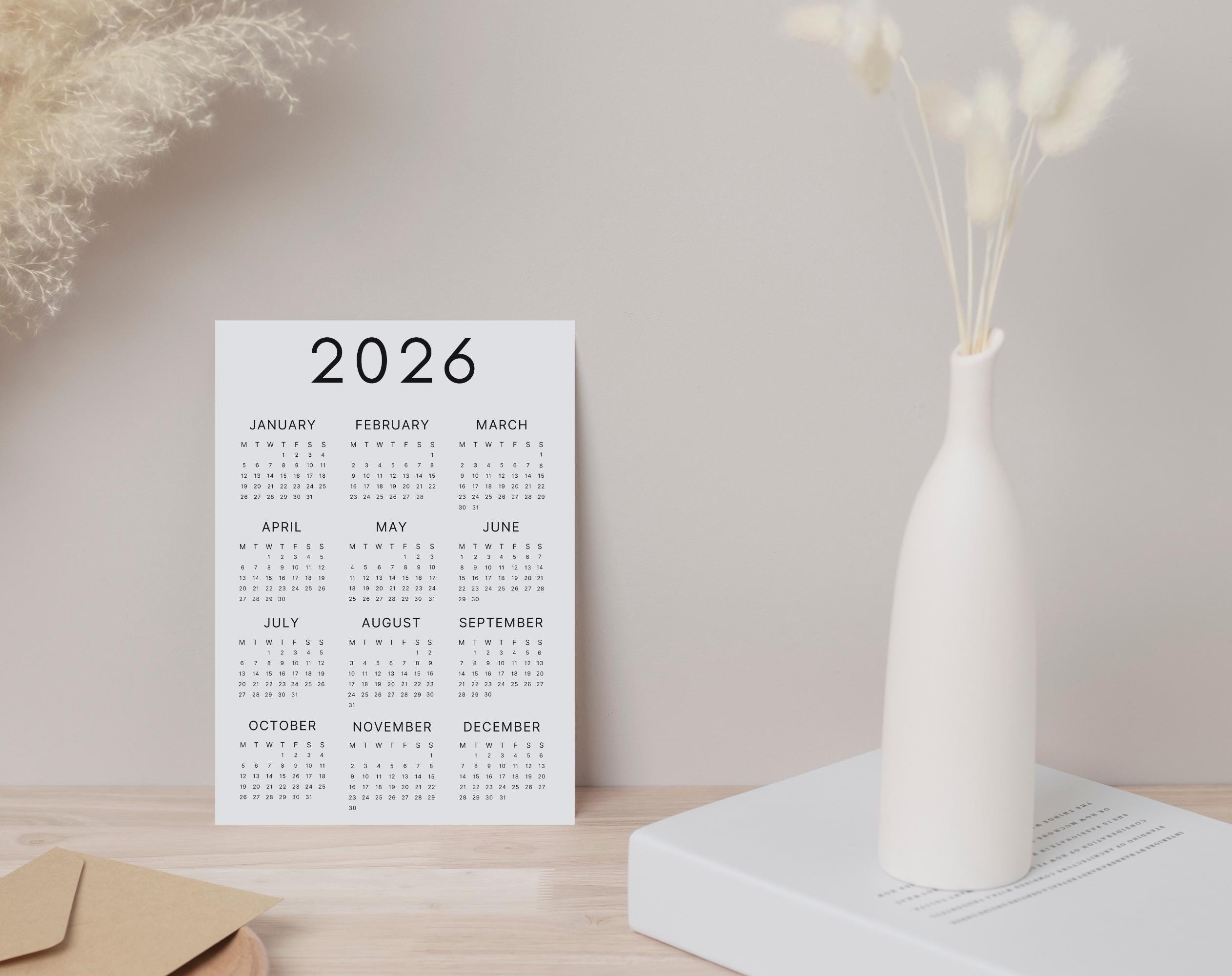 2026 Calendar | Single Page | Monday & Sunday Start | Full Year ...