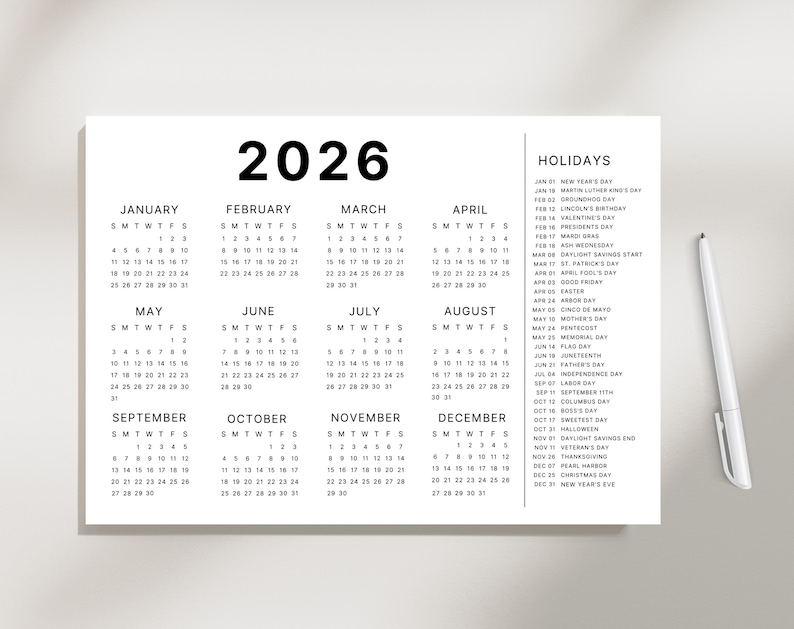 Buy 2026 Calendar With Holidays | Single Page | Full Year Calendar ...