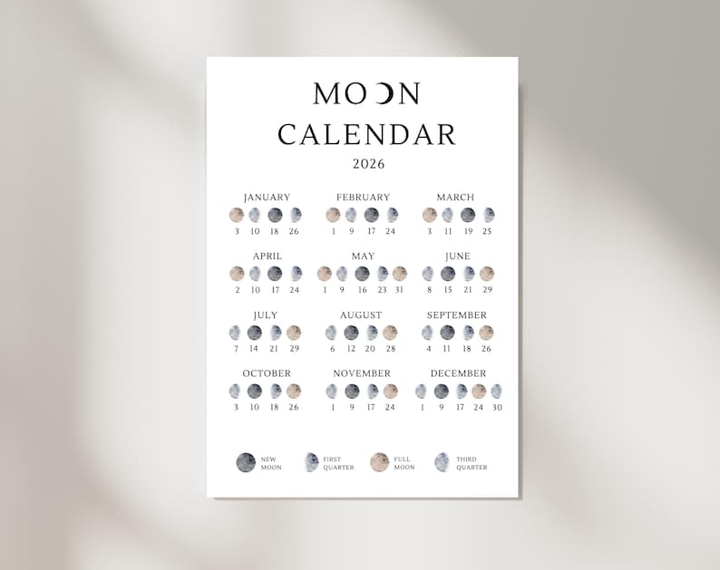 Moon Calendar 2026 | Lunar Calendar | Moon Phase | Printable Planner ...