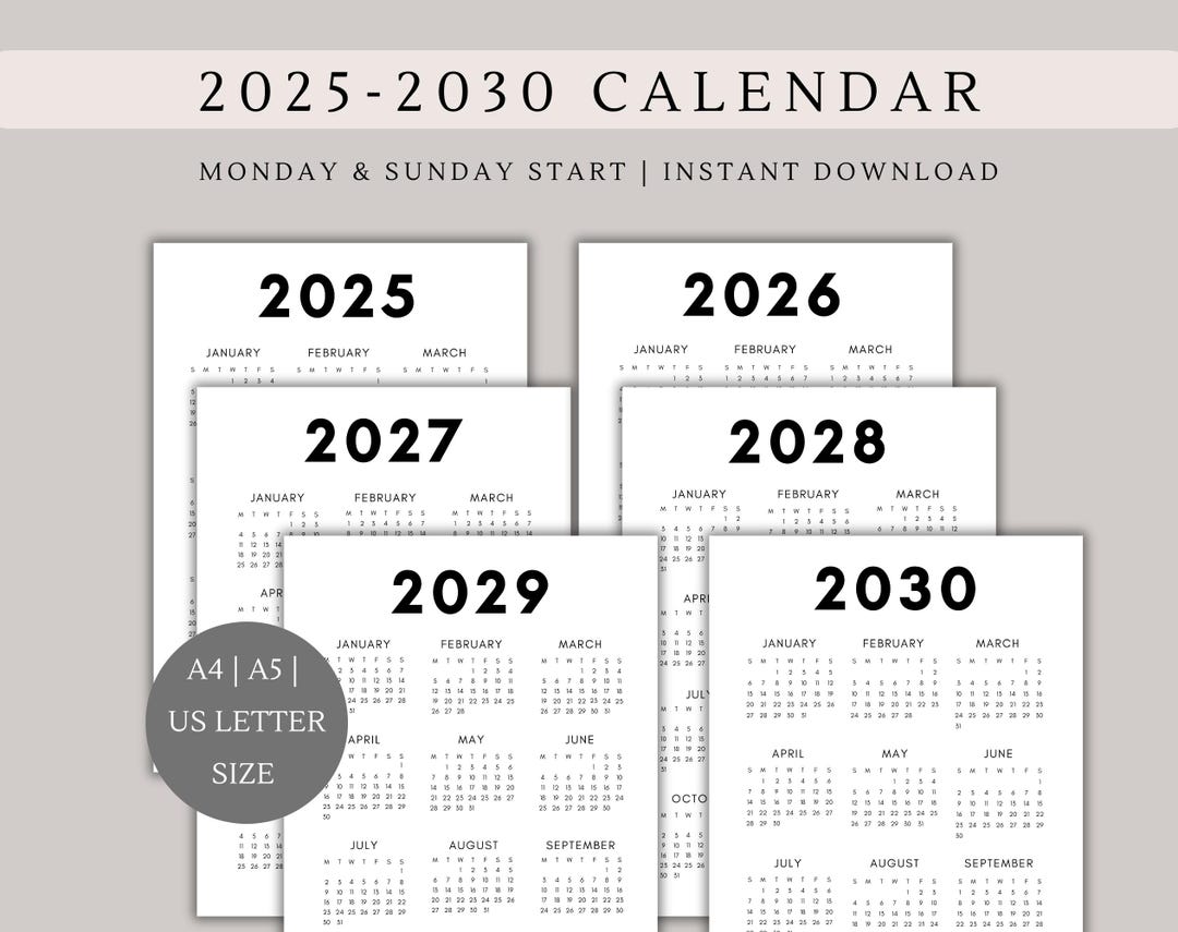 2025 - 2030 Calendar | Yearly Calendar | Desk Calendar | Wall Calendar ...