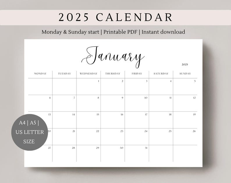 2025 Calendar | Monthly Calendar Landscape | Full Year Calendar | Desk ...