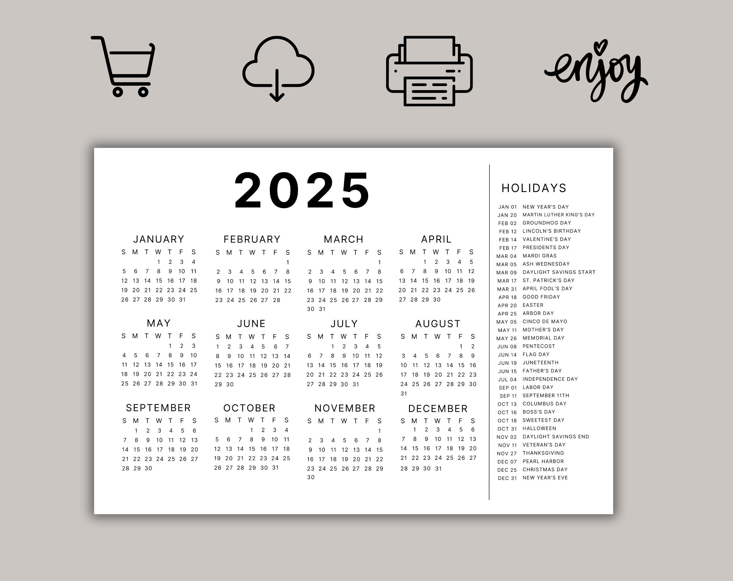 2025 Calendar With Holidays | Single Page | Full Year Calendar | Desk ...