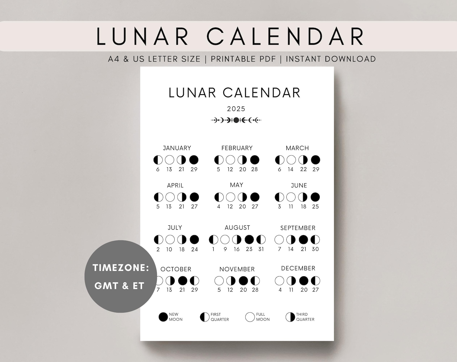 Lunar Calendar 2025 | Moon Calendar | Lunar Phase Calendar | Printable ...