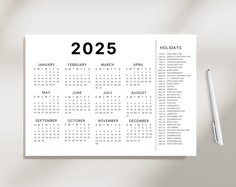 2025 Calendar With Holidays | Single Page | Full Year Calendar | Desk ...