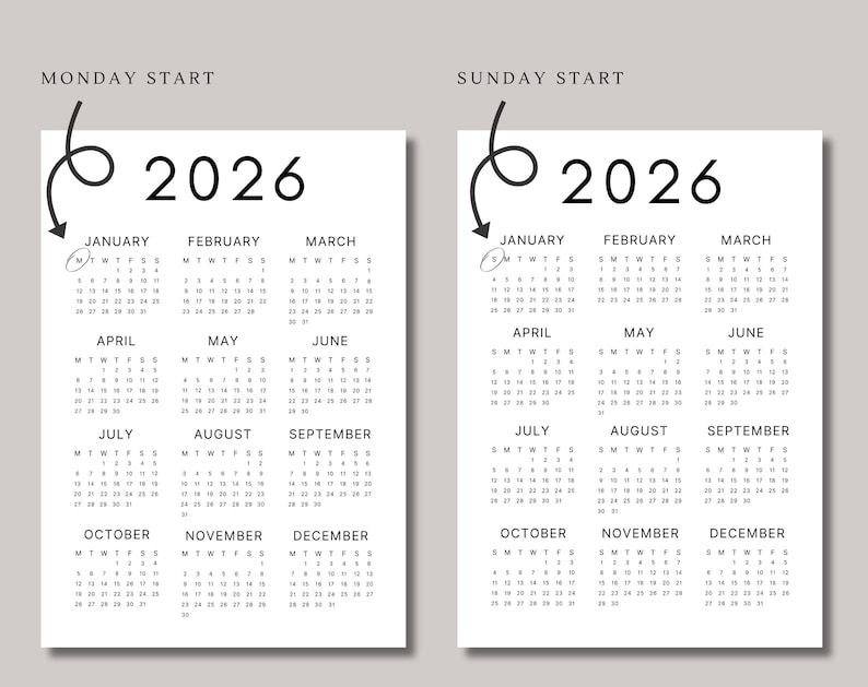 2026 Calendar | Single Page | Monday & Sunday Start | Full Year ...