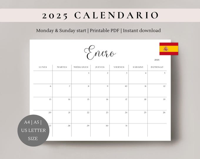 Calendario 2025 Español | 2025 Spanish Calendar | Inicio En Domingo Y ...