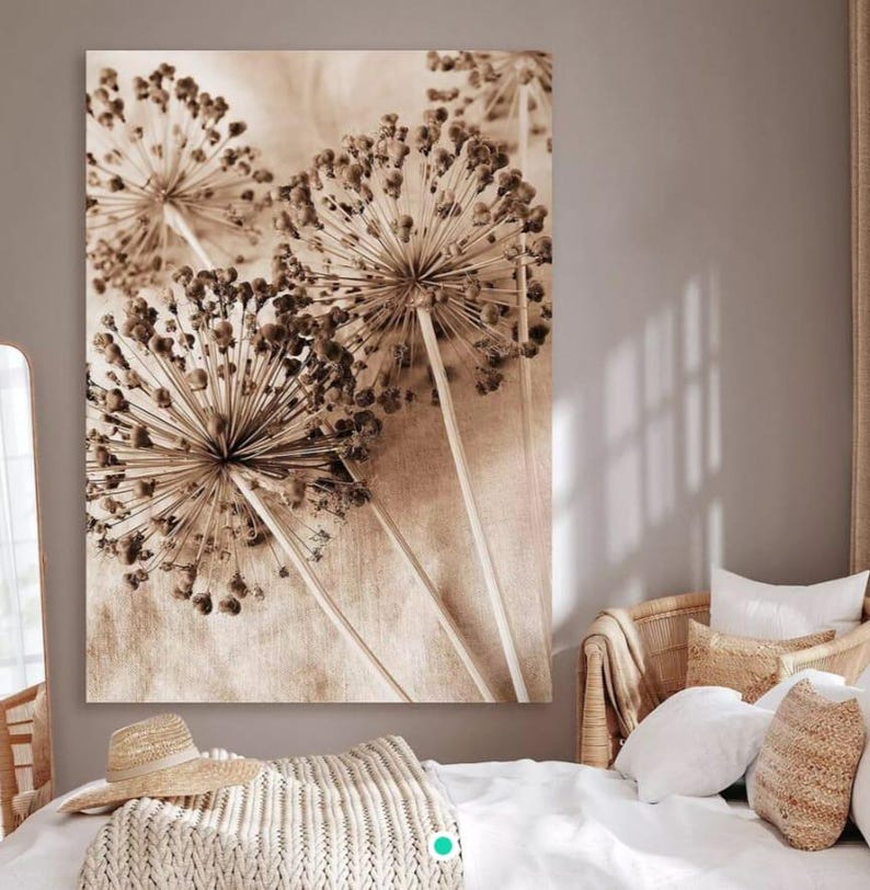 Boho Style Dandelion Wall Decor Large Sepia Toned Canvas Art for Living Room Natural and ...