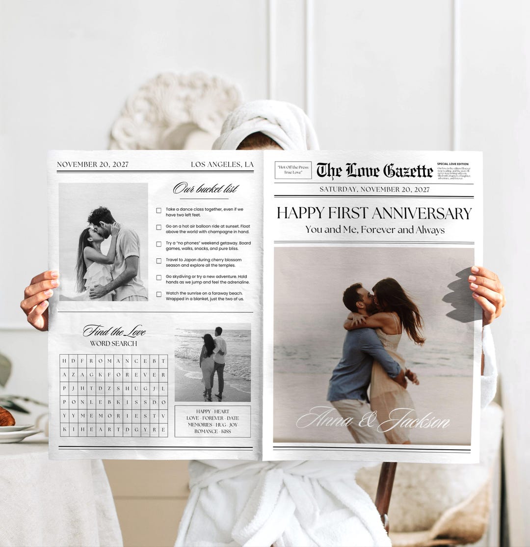 One Year Anniversary Newspaper Template | Romantic 1 Year Relationship ...