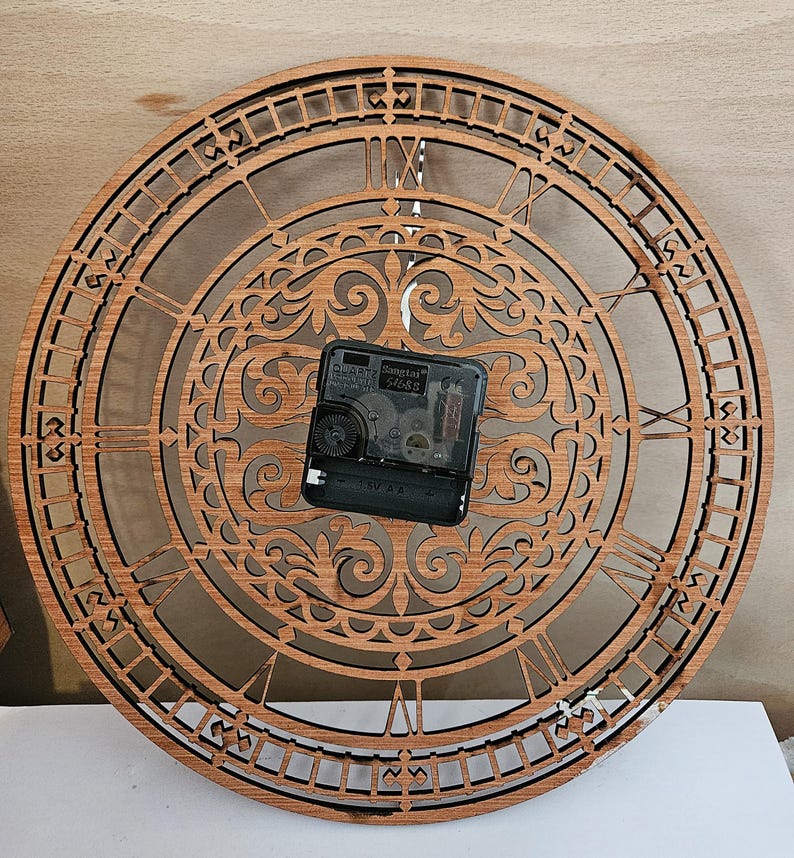 Roman Numerals Laser Cut Wooden Clock, 25cm, Intricate, Quartz Movement ...