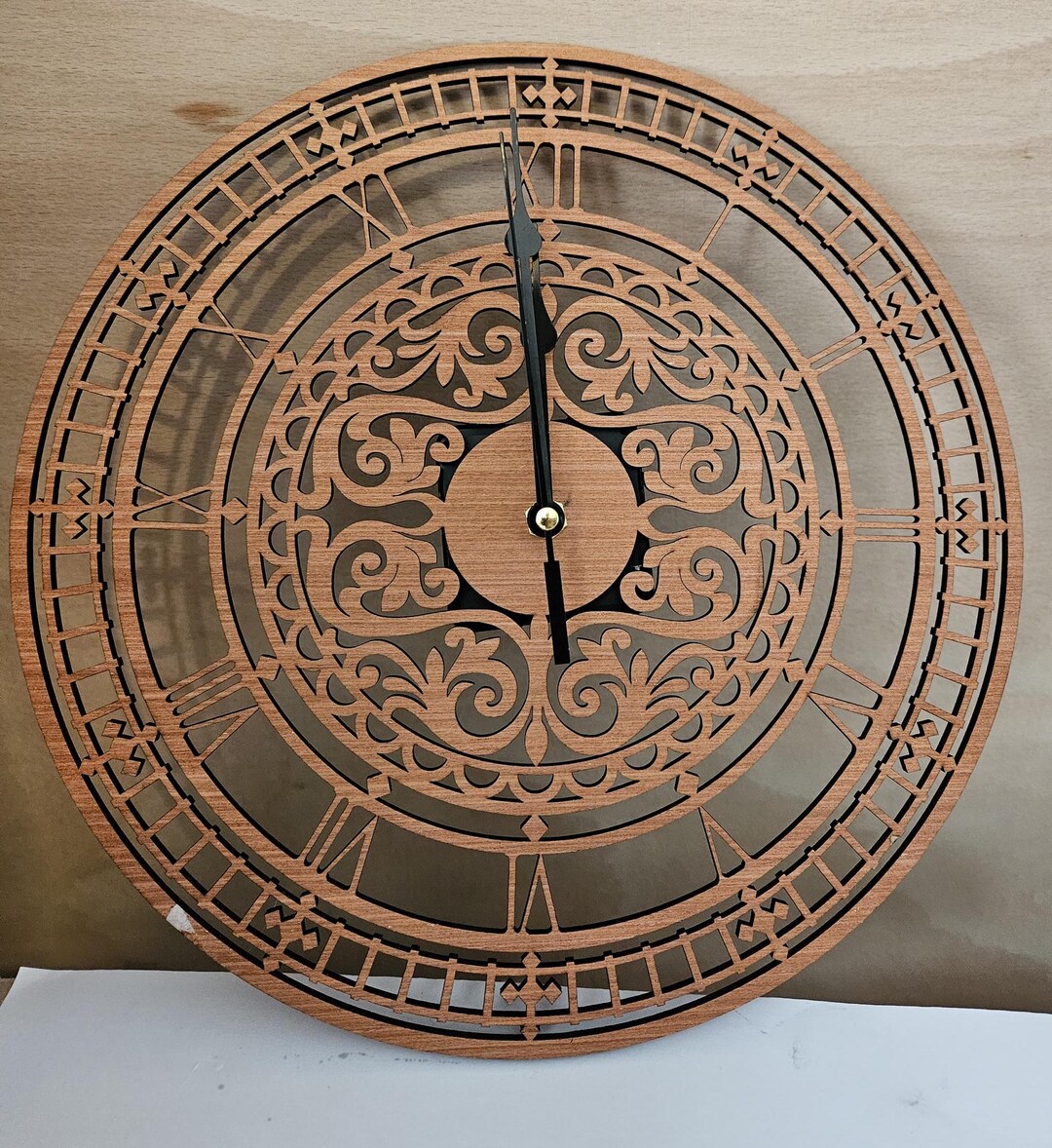 Roman Numerals Laser Cut Wooden Clock, 25cm, Intricate, Quartz Movement ...