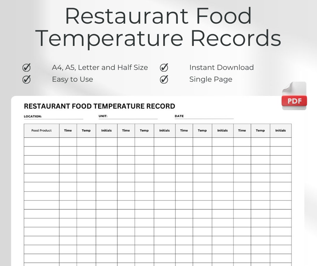 Fillable and Printable Restaurant Food Temperature Control Sheet A4 and Letter Size PDF Digital ...