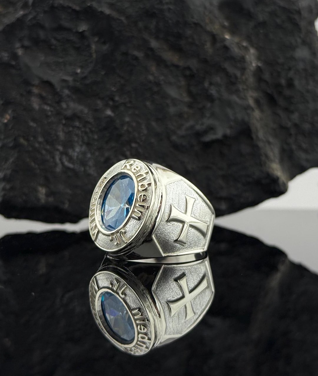 Personalized Bishop Ring With Blue Gemstone, Gold-plated Apostle Cross ...