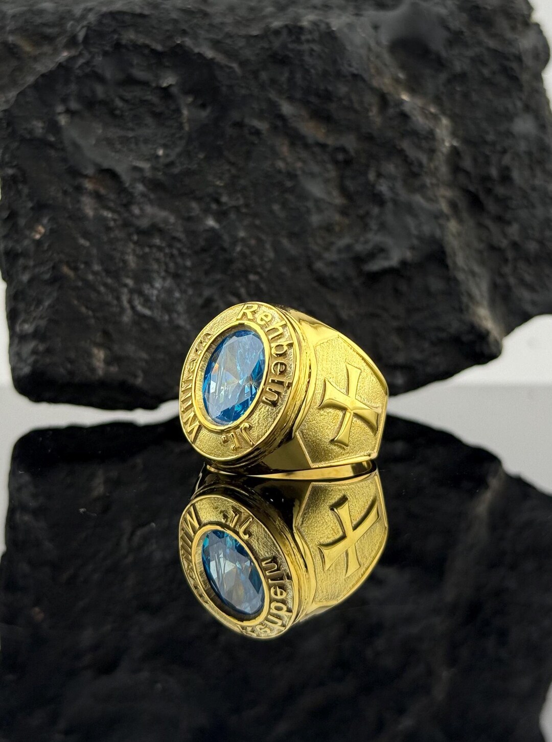 Custom Bishop Apostle Cross Ring With Blue Gemstone, Personalized Sides ...