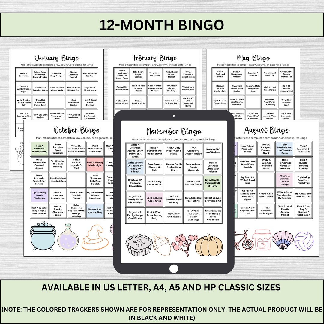 Seasonal Activity Bingo Printable: 12-month Game + Blank Templates (PDF ...