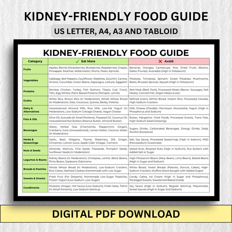 Kidney-friendly Food Guide: Renal Diet Chart (PDF Download) - Etsy
