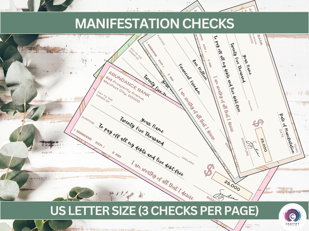 Digital Manifestation Checks Printable | 4 Colors | Law of Attraction ...