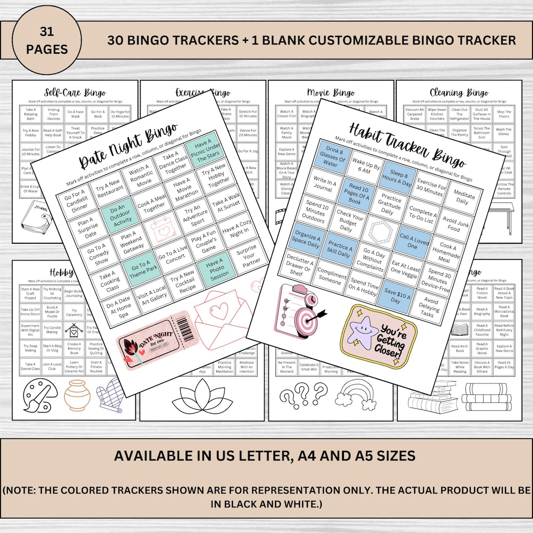 Bingo Tracker Bundle: 30 Habit Trackers + Blank Template (US Letter, A4 ...